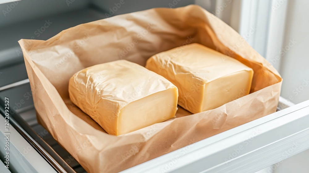 Food safety concept: two blocks of butter wrapped and placed in a ...