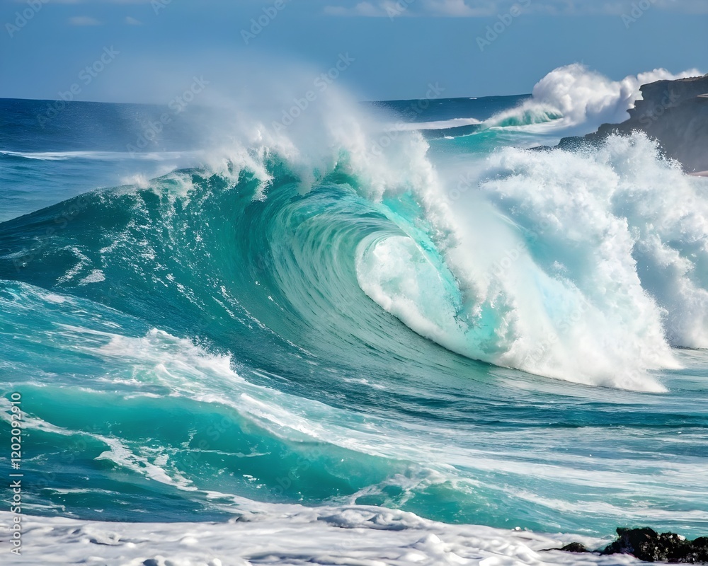 A big Ocean swell hits Waimea Bay on the north shore of Oahu Hawaii in ...