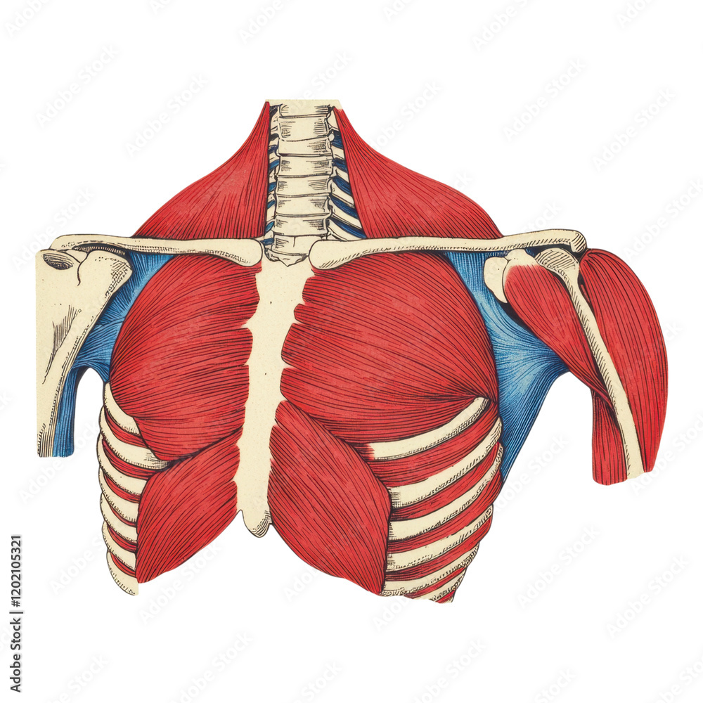 Chest Muscle. Anatomy chart of chest muscles with detailed labeling on ...