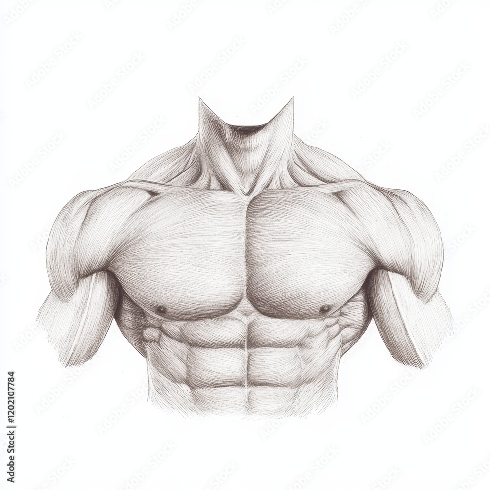 Chest Muscle. Realistic drawing of chest muscles in pencil sketch style ...