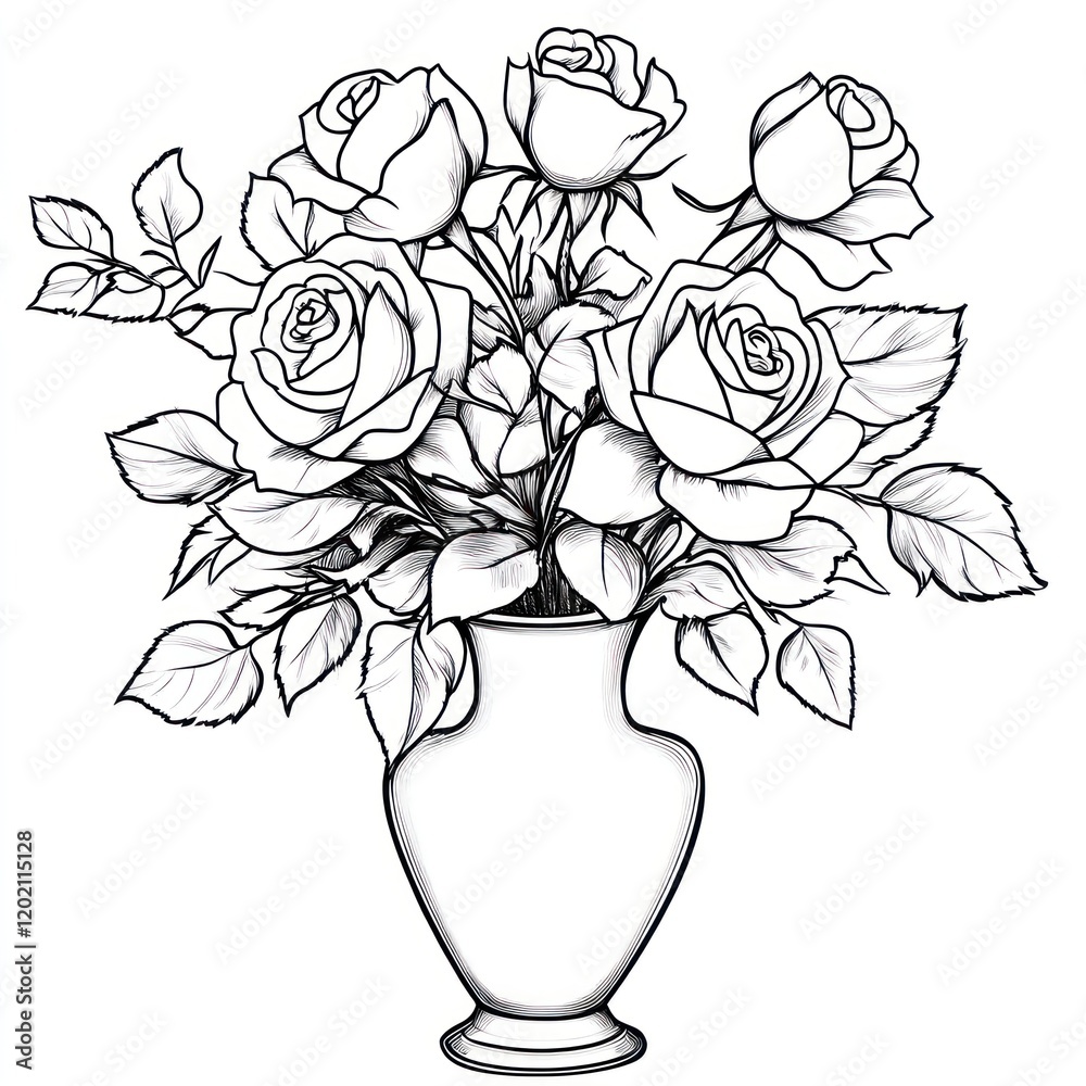Roses bouquet vase line art drawing, white background, sympathy card ...
