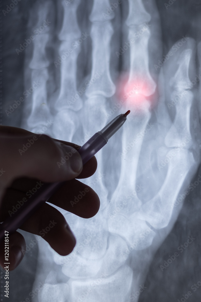 Doctor learning vertical X-Ray Image of Human hands bones. Skeletal ...