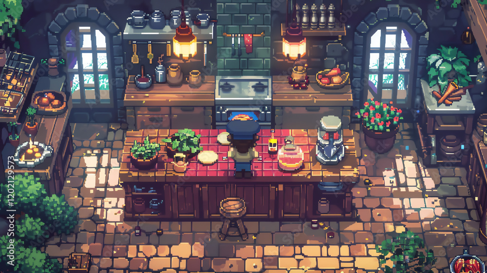 Craft a pixel art masterpiece featuring a top-down perspective of a ...