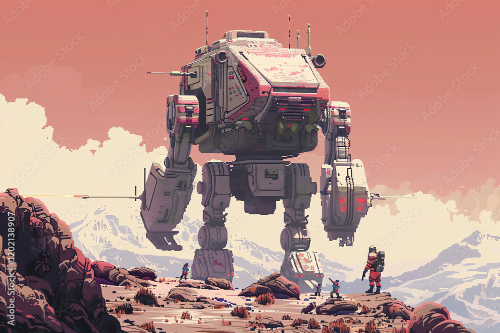Illustrate a pixel art scene of a battle-ready robotic army in a ...