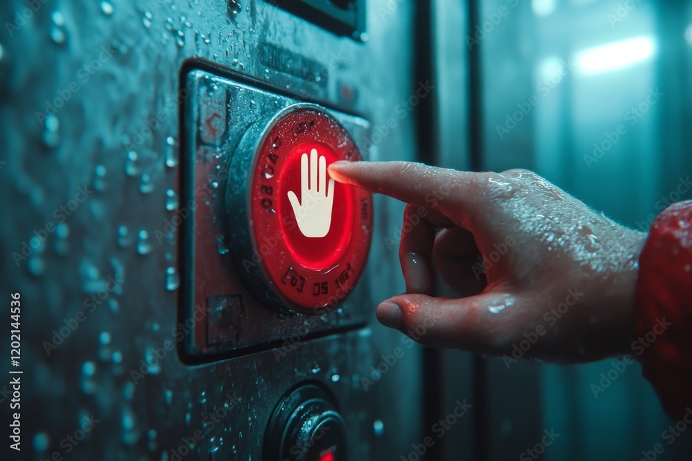 Cyberpunk Wet Hand Pressing Emergency Stop Button in Futuristic ...