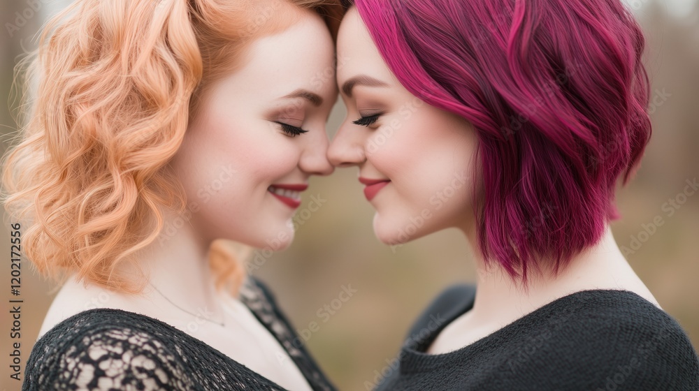 Romantic Sapphic Couple in Intimate Embrace with Vibrant Hair Colors ...