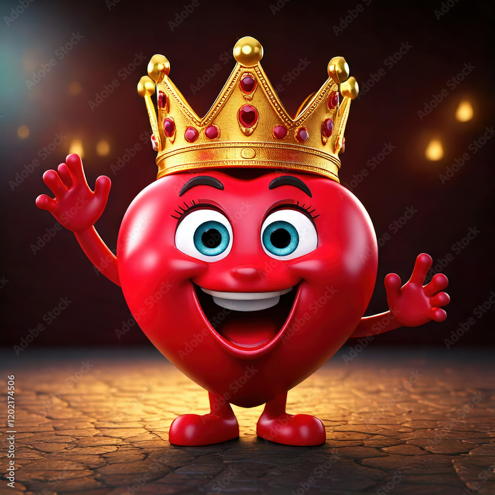 Cheerful waving heart emoji with crown vibrant animation playful scene ...