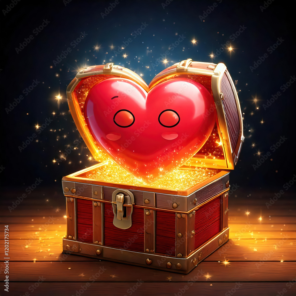 Animated heart treasure chest opens to reveal sparkling stars and magic ...