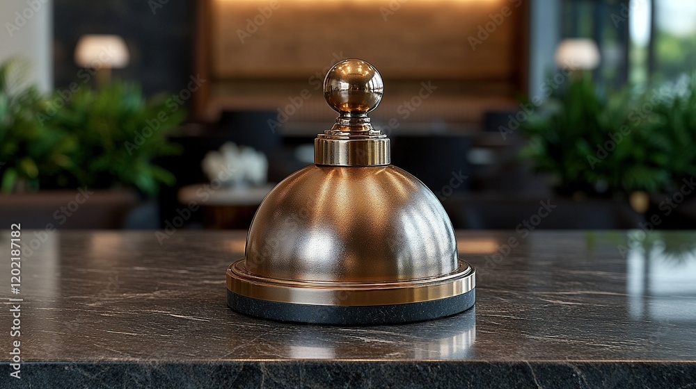 Brass call bell on hotel reception desk, blurred lobby background Stock ...