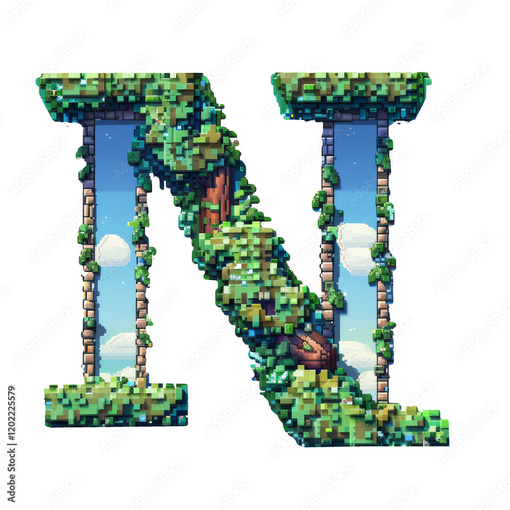 Letter N digital pixel font, voxel font 8-bit pixel art, isolated white ...