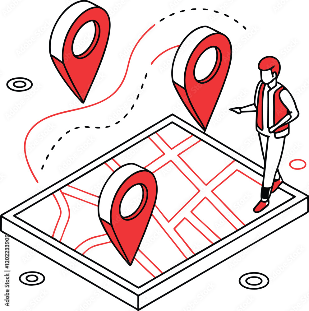 This vibrant illustration depicts a stylized isometric map with ...