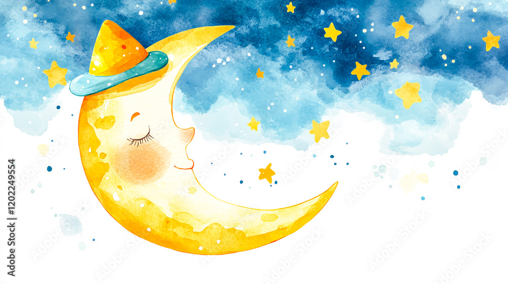 Playful moon with a friendly face and a nightcap, watercolor clip art ...