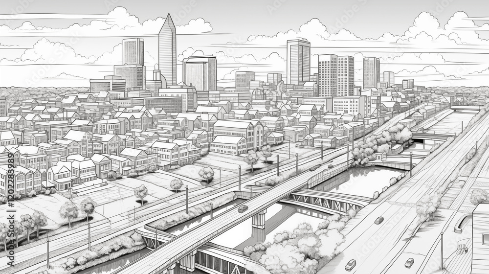 Croquis, dessin d'architecte. Croquis noir et blanc d'une grande ville ...