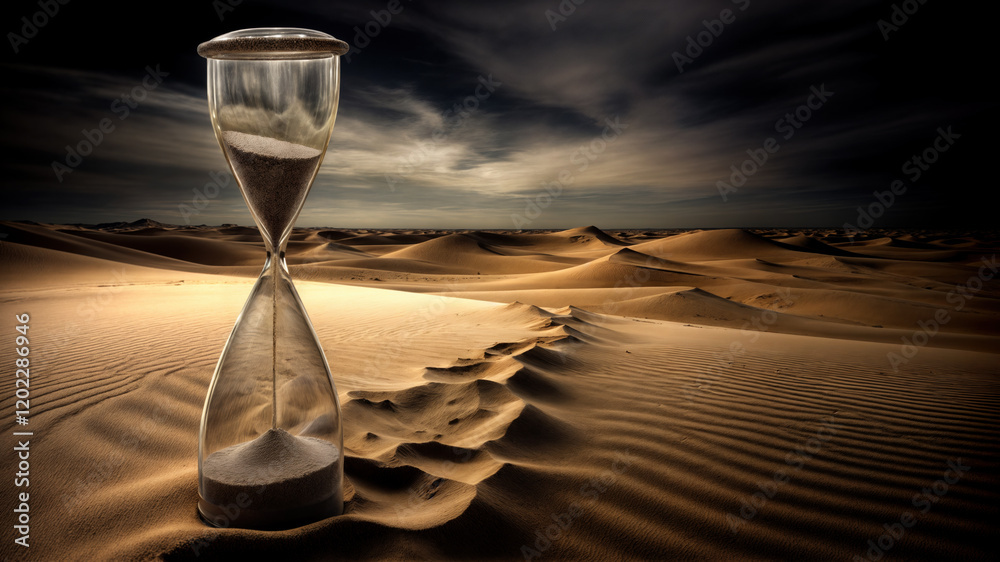 A surreal illustration of an hourglass moving through the sands of time ...