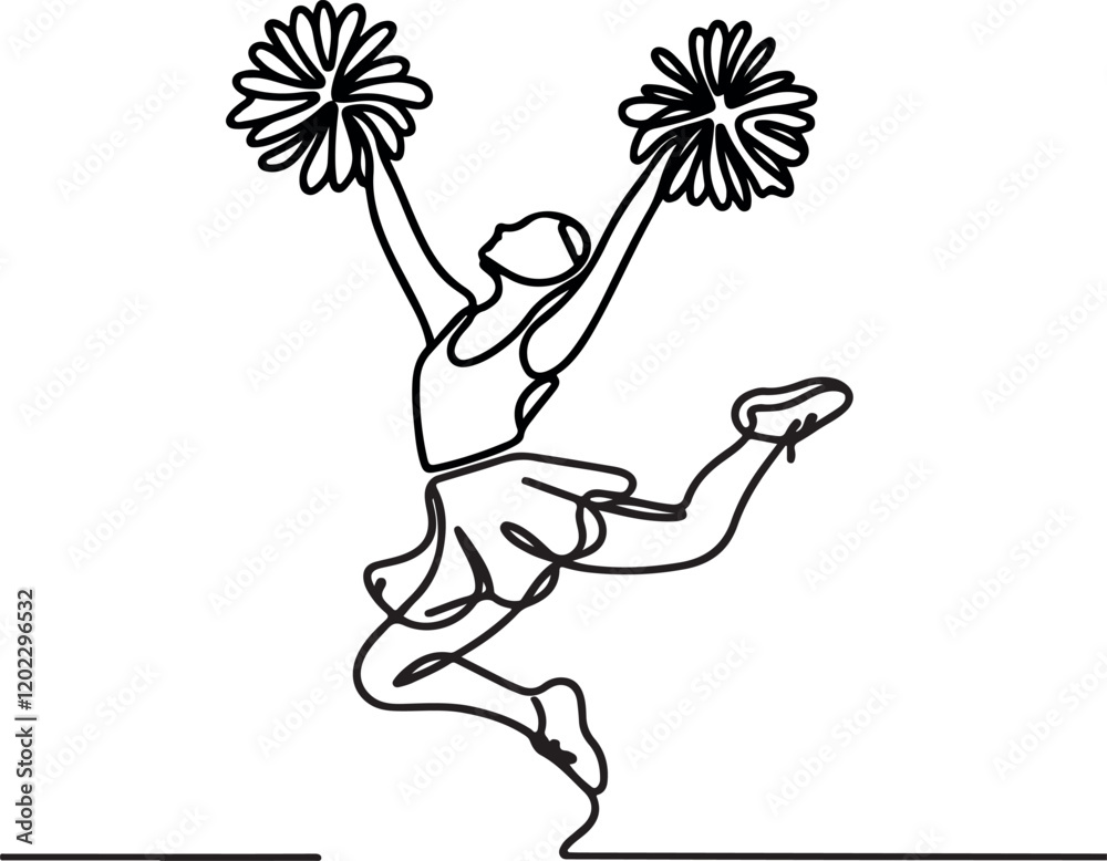 Line Art Cheerleader Jumping in Mid-Air with Pom-Poms Vector ...
