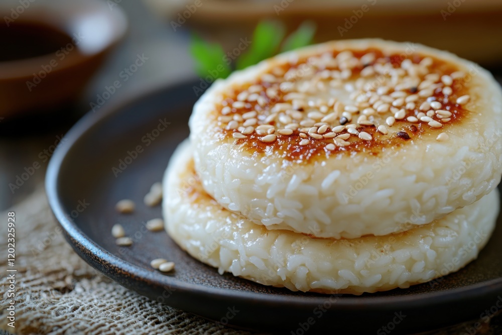Rice cake on a plate. Featuring a traditional rice cake. Highlighting ...