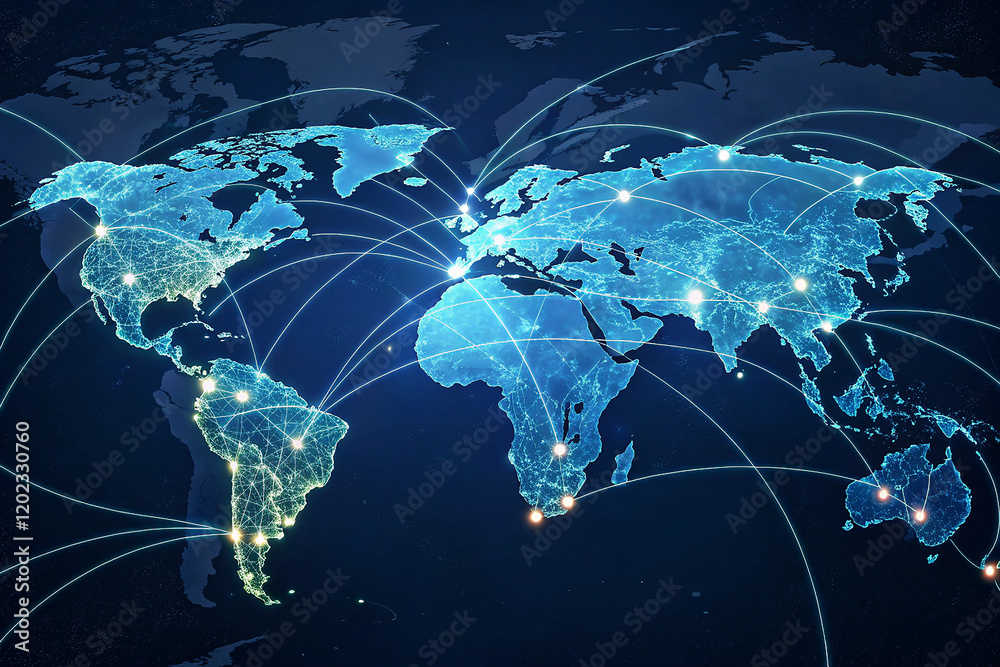 Glowing digital world map with global connections, networks, and data flow, ideal for technology ...