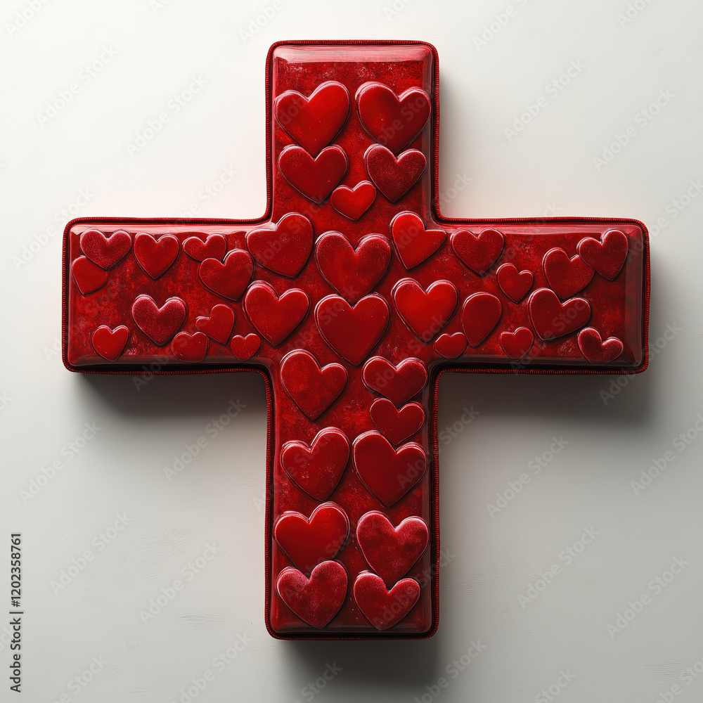 Símbolo cruz pintada roja con muchos corazones en ella sobre fondo ...