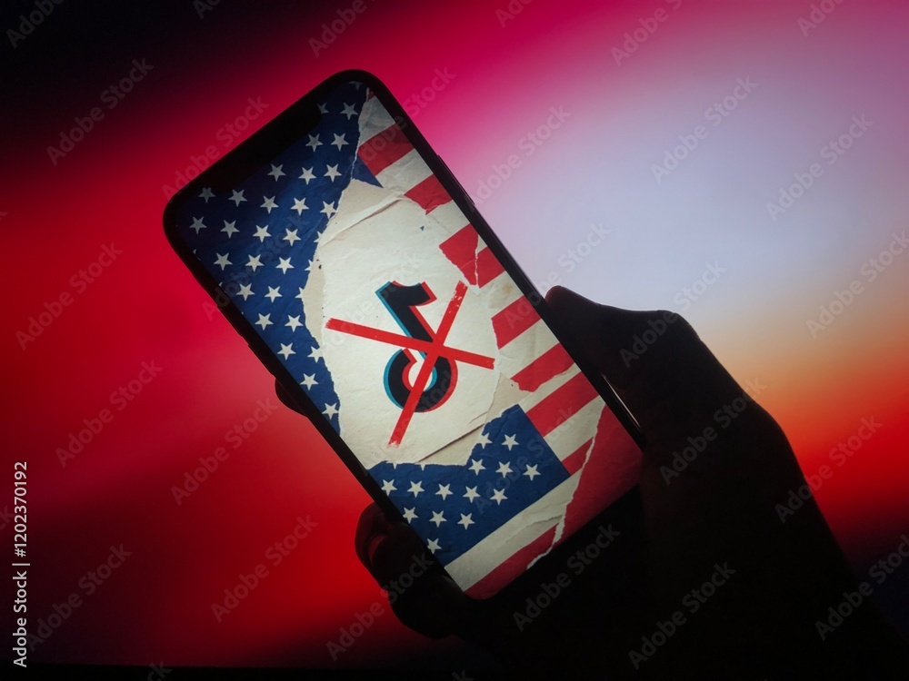 New York, USA - January 17, 2025: TikTok logo crossed out with red ban ...