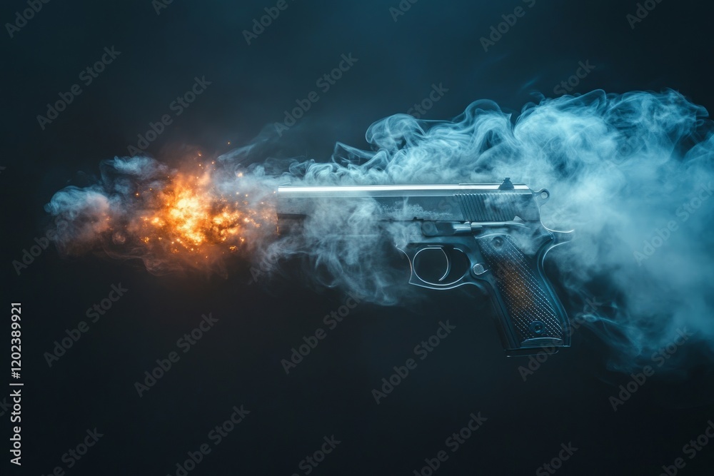 Smoking gun firing with muzzle flash and sparks on dark background ...