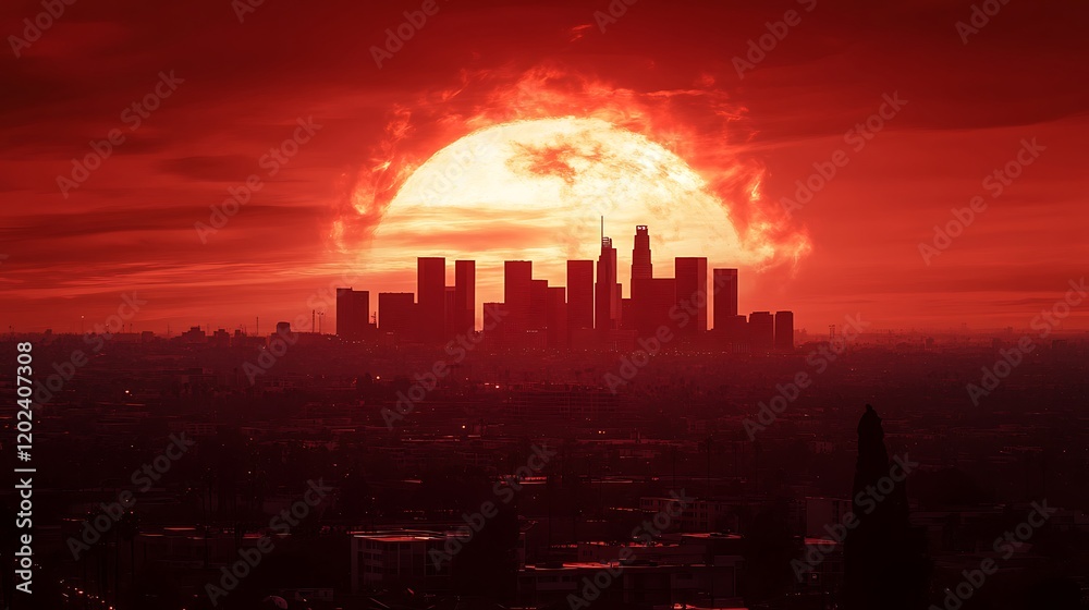 Apocalyptic Cityscape with Gigantic Fiery Sun in Red Sky, Los Angeles ...