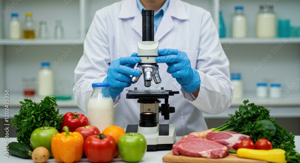 Laboratory setting, food safety testing, scientist in white coat, blue ...