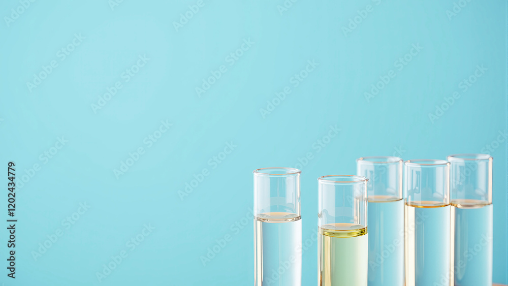 Test tubes with reagents a row on a plain background with space for ...