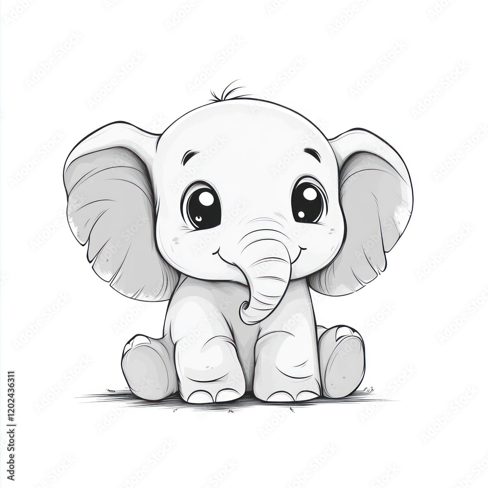 Cute baby elephant sitting, white background, children's illustration ...