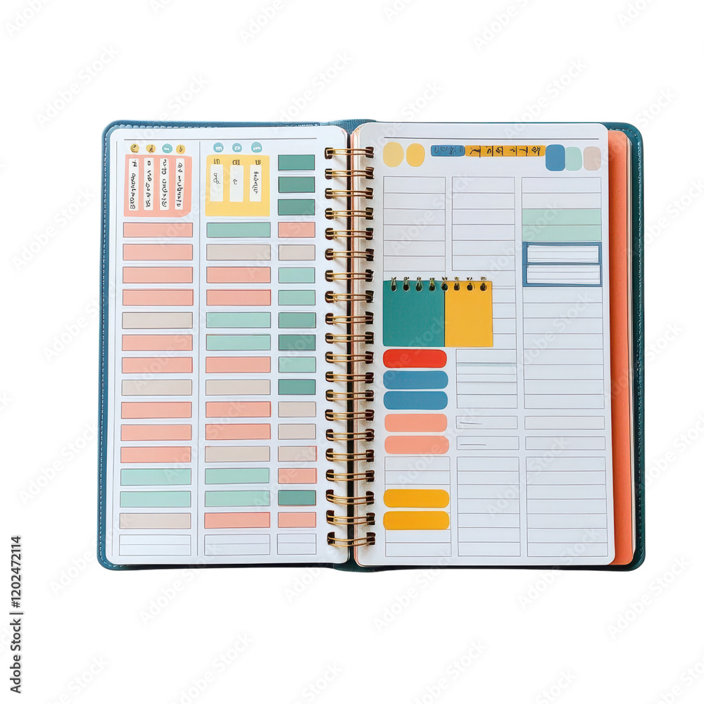 A colorful planner with various sections for scheduling, notes, and ...