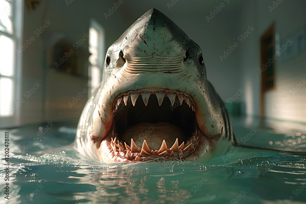 aquarium megalodon display, a vividly lit, lifelike scene of a ...