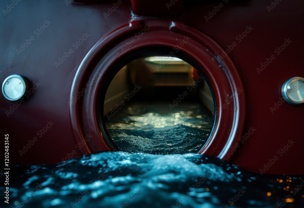 Water is visibly entering a ship through a hole in the stern ...