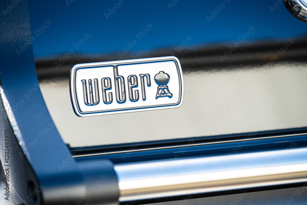 Gothenburg, Sweden - April 14 2024: Weber logo on a brand new gas ...