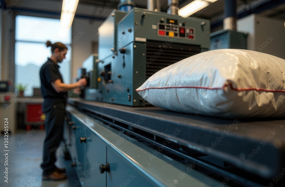 Operator works at a plant for packing polymer materials into bags at a ...