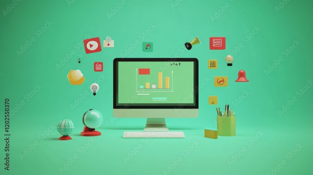 Digital Marketing Tools Concept with Computer Display and Floating ...