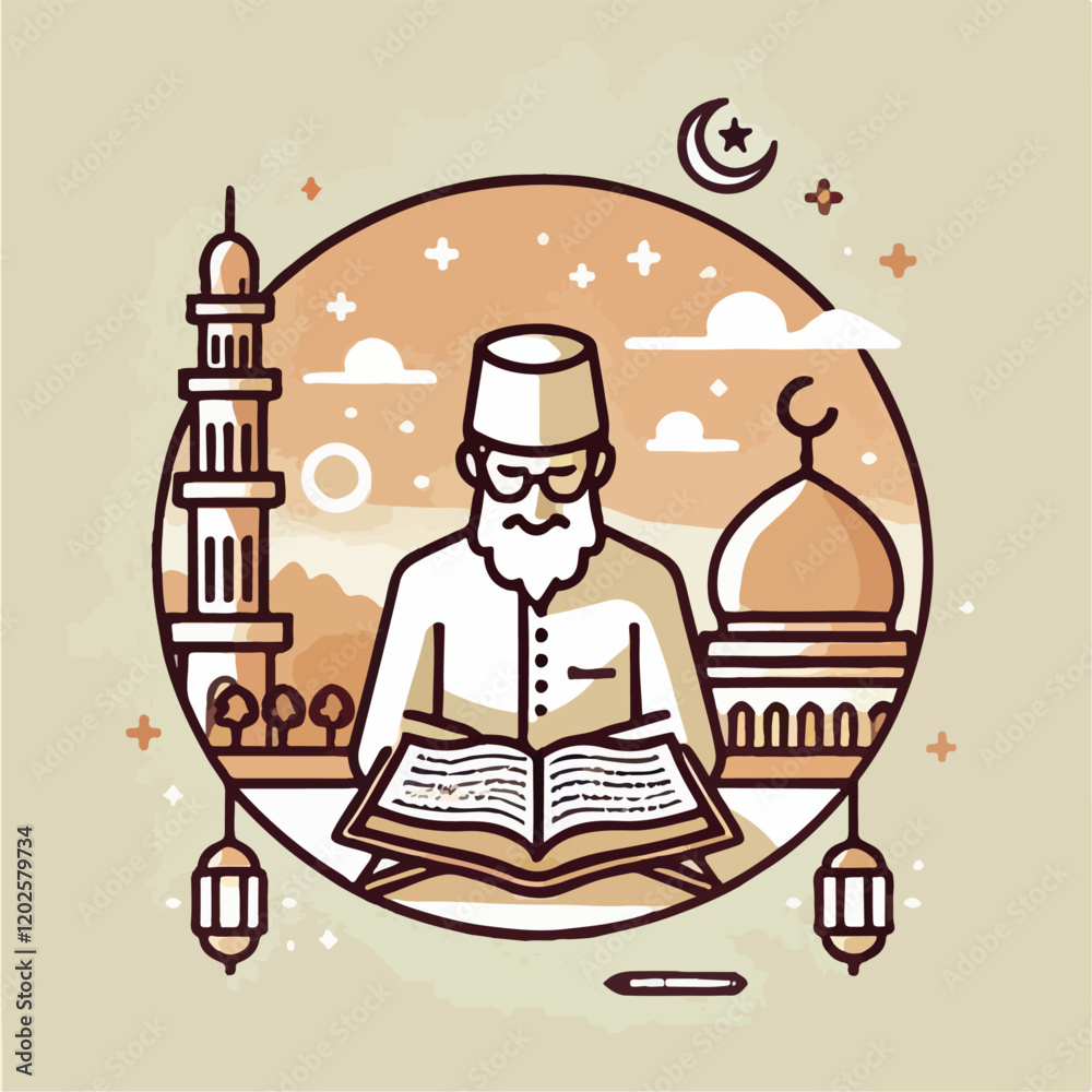 Cartoon vector illustration of Mr. Ustad reciting and reading Stock ...