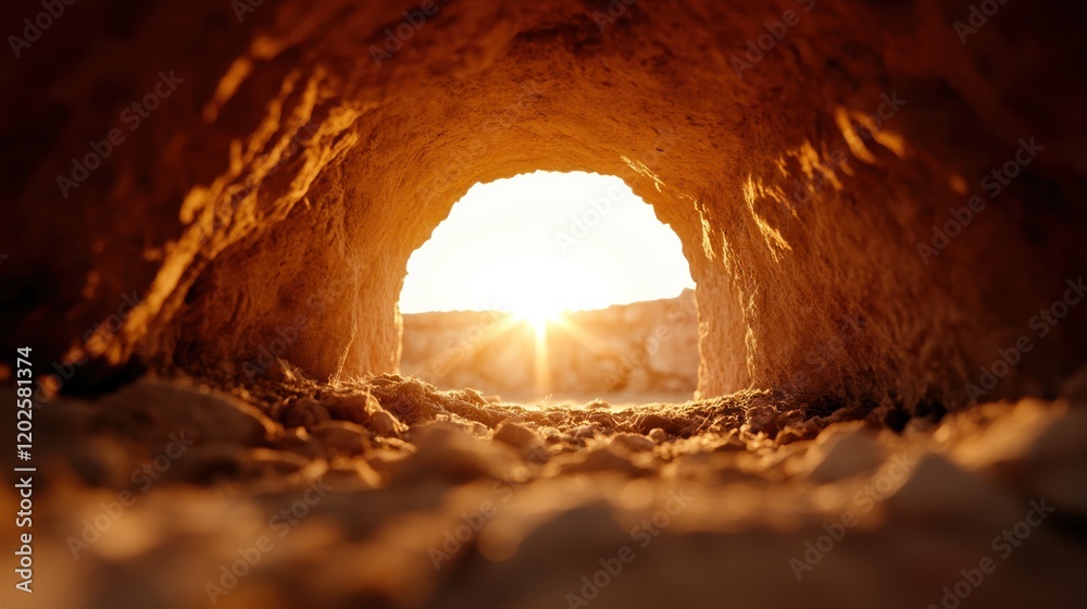 Resurrection of Jesus Christ at sunrise with mystical light and empty ...
