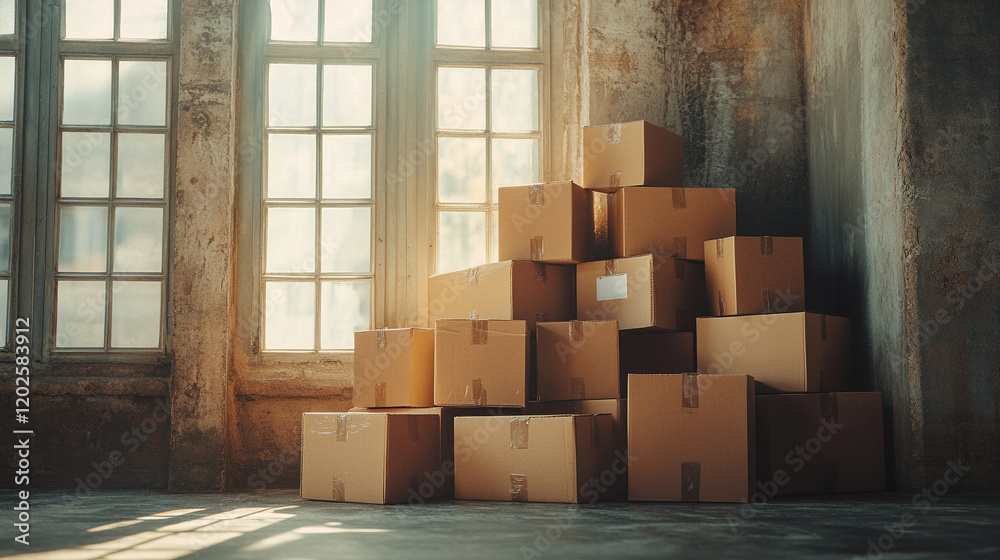 Stack of brown boxes in an empty room symbolizing house moving new ...