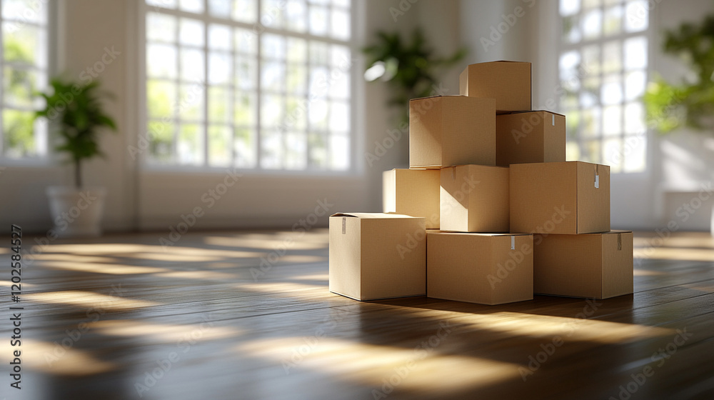 Stack of brown boxes in an empty room symbolizing house moving new ...