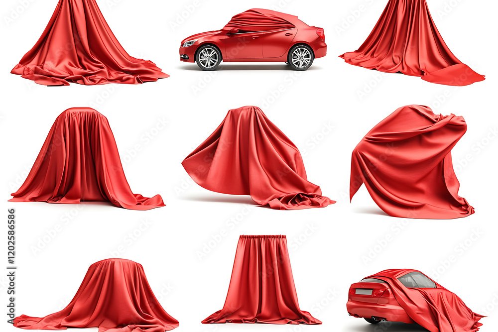 Set of red fabrics draping over cars isolated a white background Stock ...
