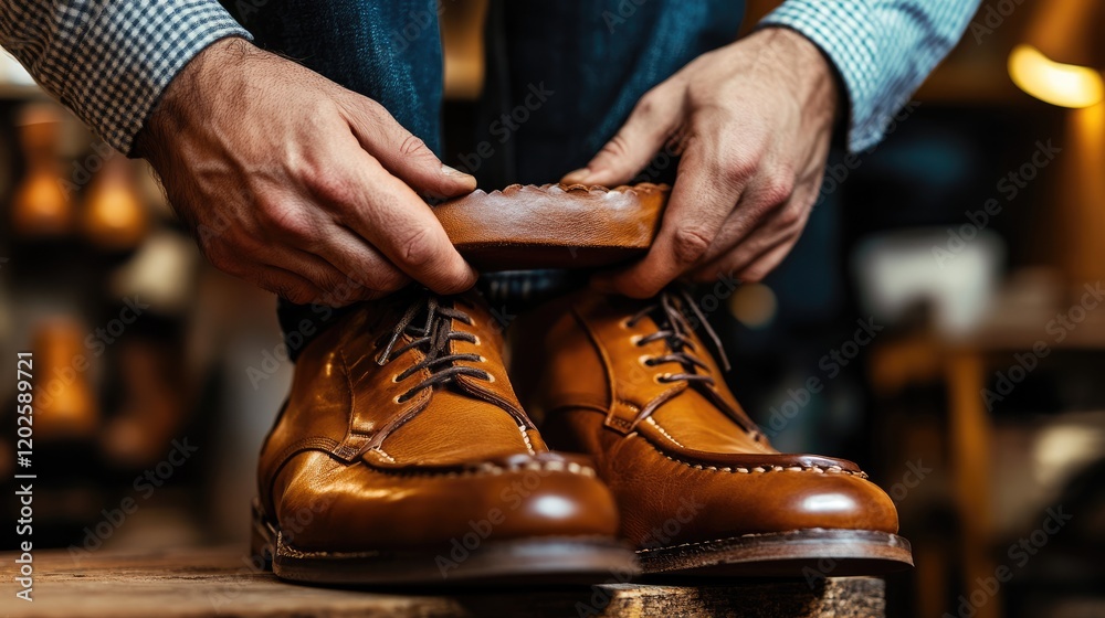 Craftsman shaping a leather shoe sole in a traditional workshop Stock ...