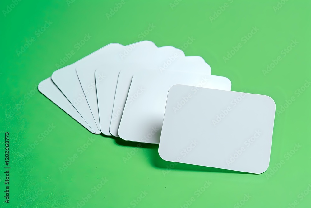 Blank white business cards fanned out on vibrant green background ...