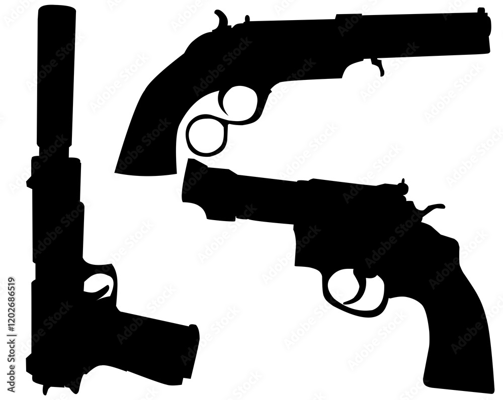 Military set of automatic guns, pistols and other weapons. Monochrome ...