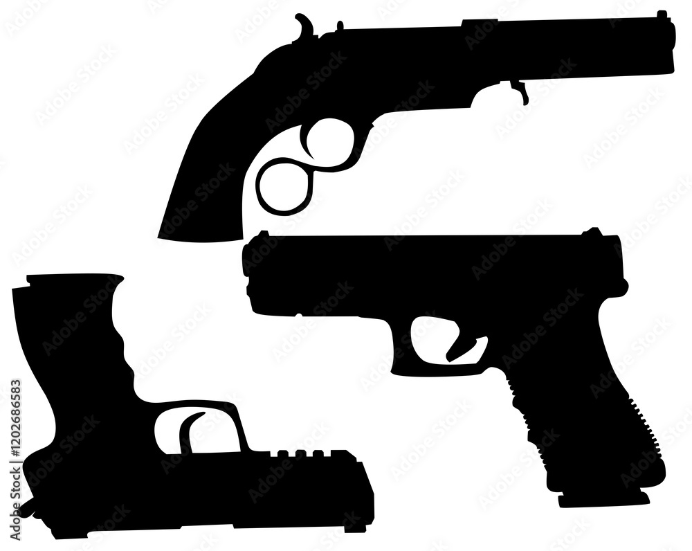 Military set of automatic guns, pistols and other weapons. Monochrome illustrations isolate ...