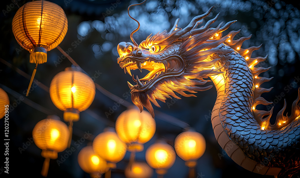 Golden dragon with glowing eyes, happy expression, dark background ...
