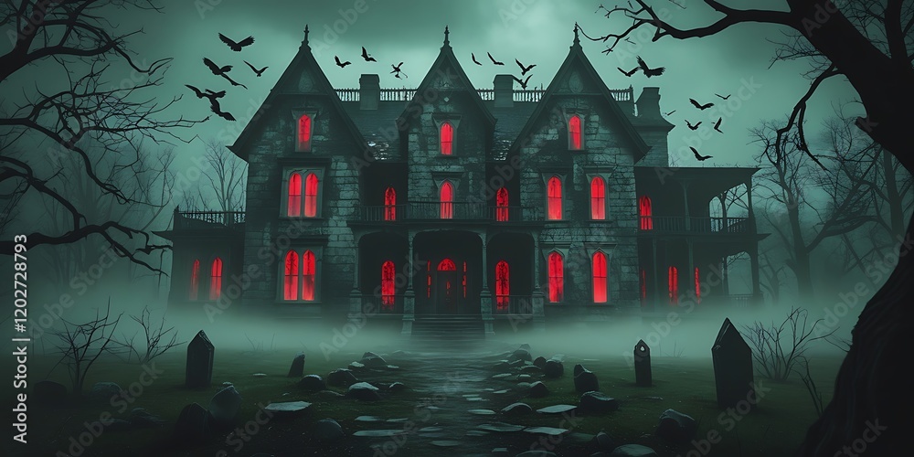 Eerie Haunted House with Crows in Foggy Night Atmosphere, Abandoned ...