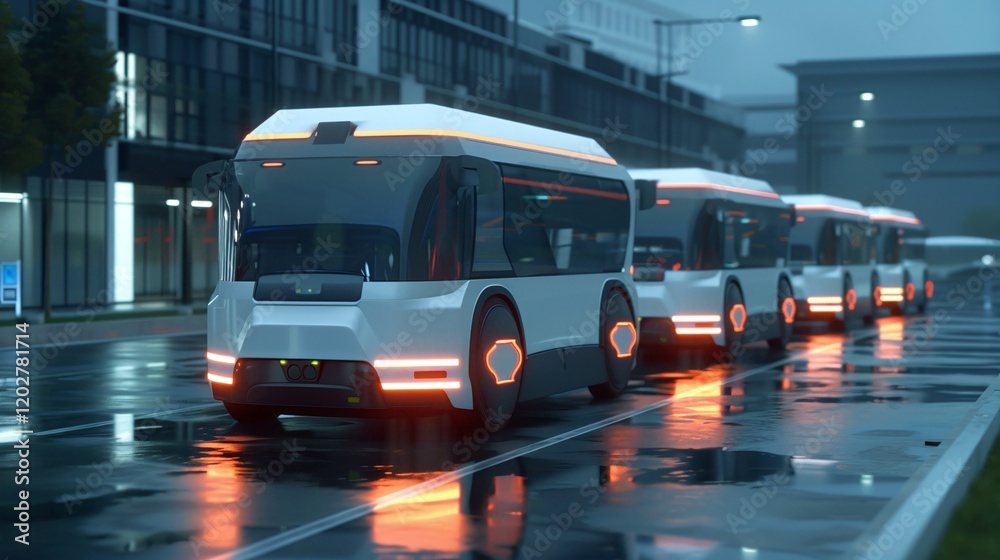 Futuristic autonomous electric buses operating on a rainy city street ...