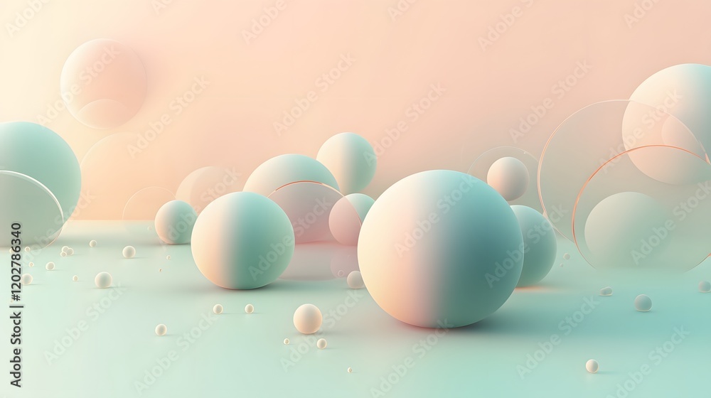 Floating abstract spheres digital art minimalist design soft color ...