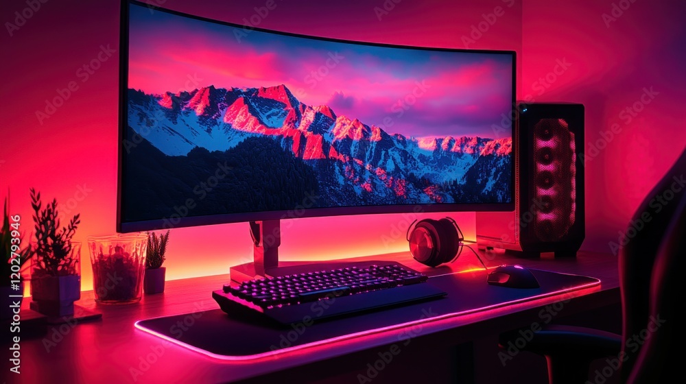 Pink-lit gaming setup with ultrawide monitor. Stock Photo | Adobe Stock