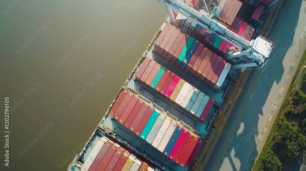 large cargo ship unloading goods at a port, with a focus on the customs ...
