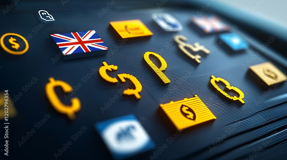 of shipping container with international trade symbols, flags, and ...